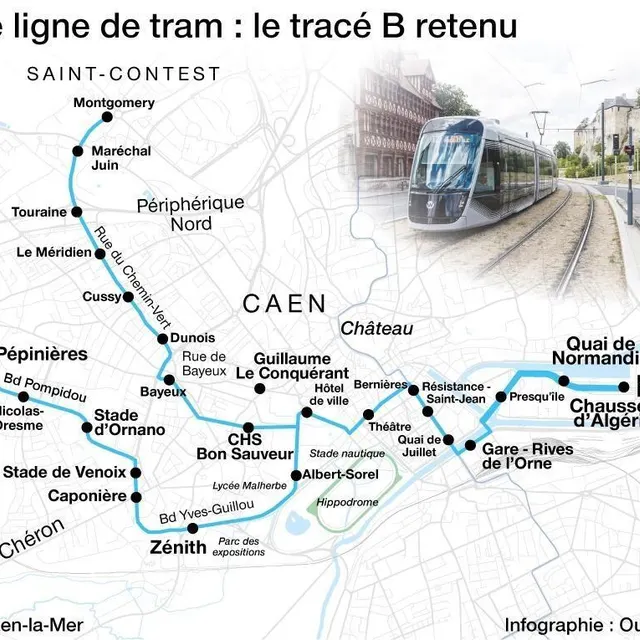 Future ligne de tram à Caen. Hôtel de ville, lycée Malherbe, théâtre ...